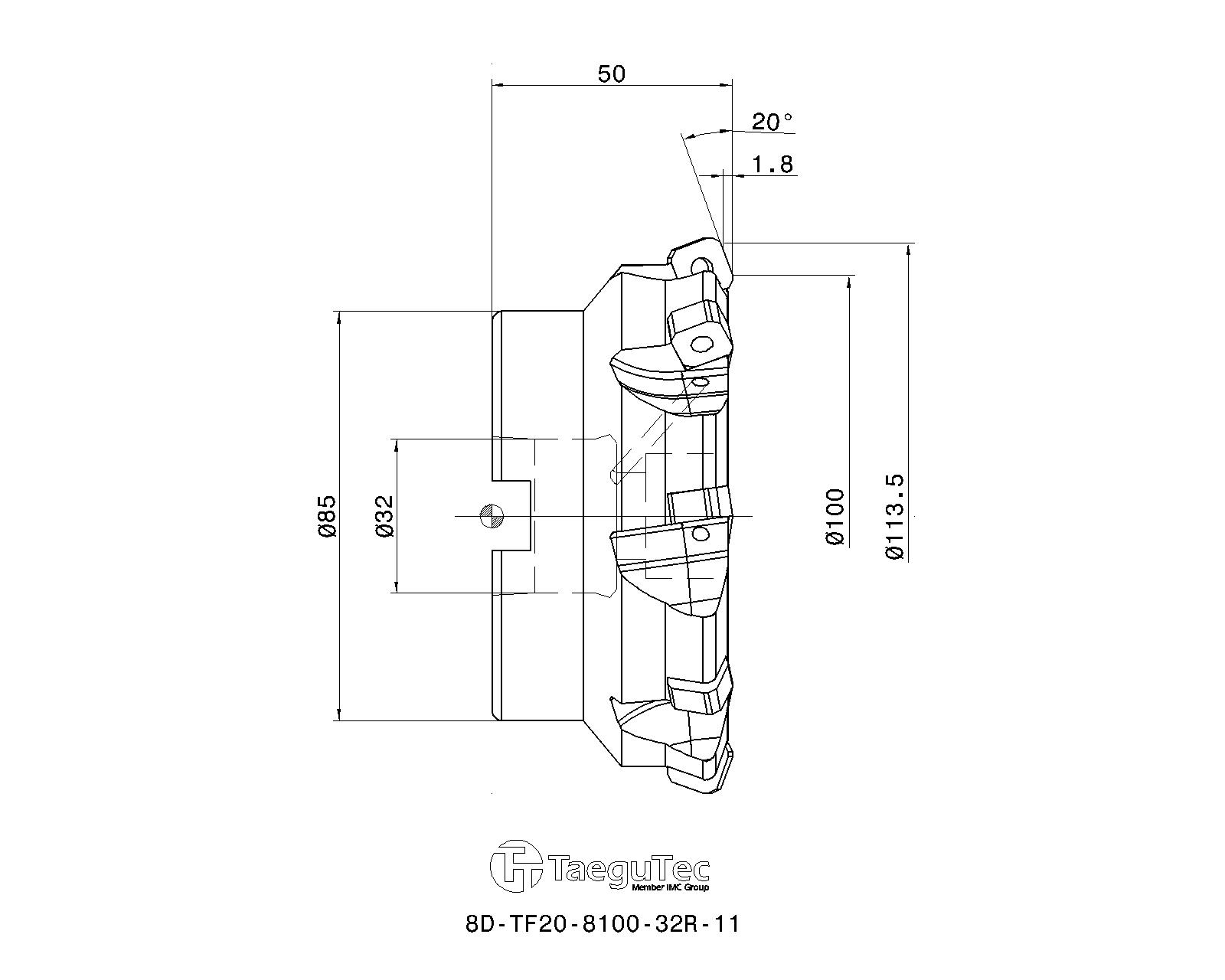 TaeguTec Cutting Tools - Metal Working Tools - 8D-TF20-R-11 : 6236371 - 8D-TF20-8100-32R-11